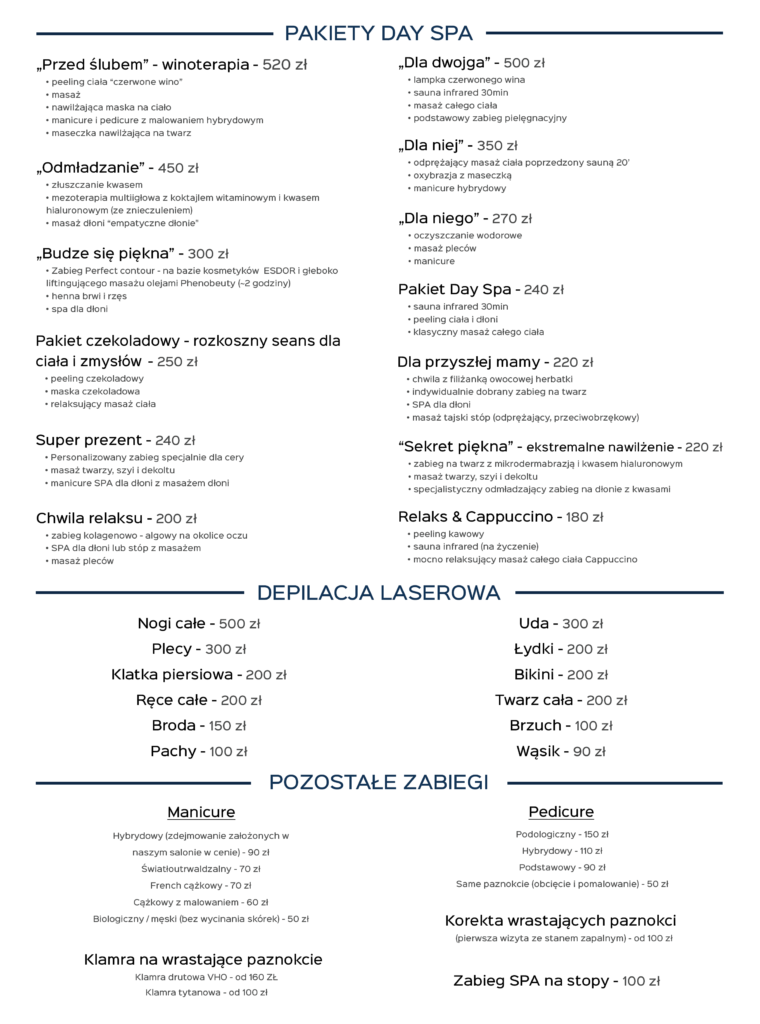 Cennik - Lucyna DAY SPA - Salon Kosmetyczny w Skierniewicach